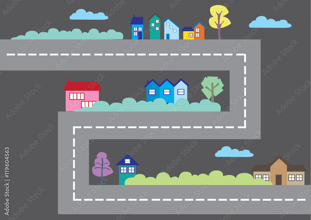 Colorful Houses Along Road Cartoon City Map Vector Illustration Stock ...
