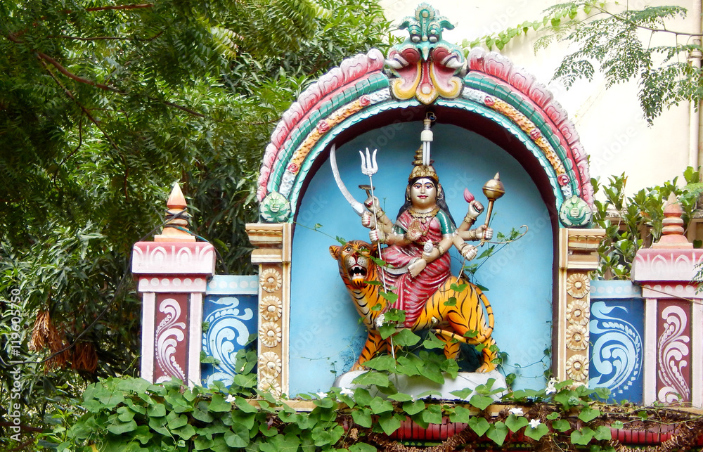 Sculpture or wall art of Indian Hindu Goddess Durga on the temple ...
