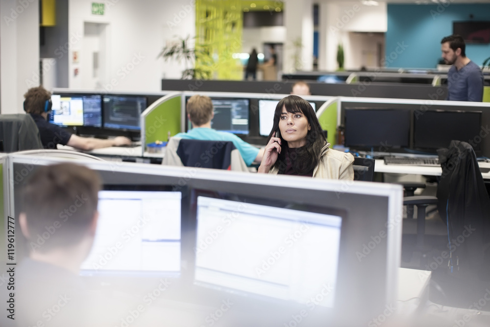 Staff working on computers in office cubicles with woman on the phone ...