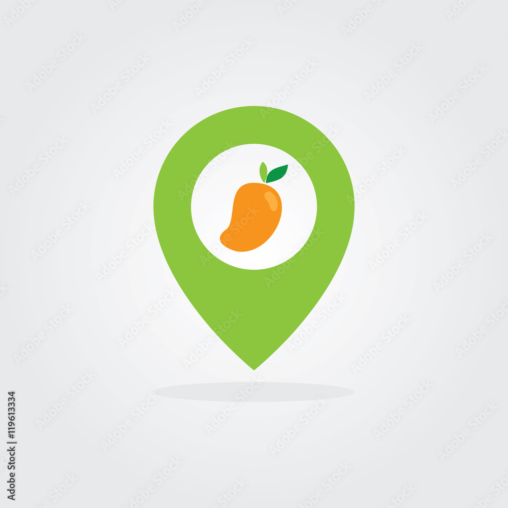 Mango Logo Flat Design with Location map point icon. Fruit Vector ...