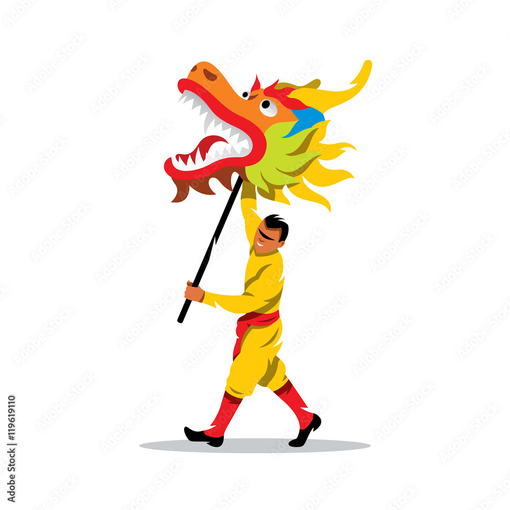 Vector Chinese dragon and man dancing in traditional festival sign ...