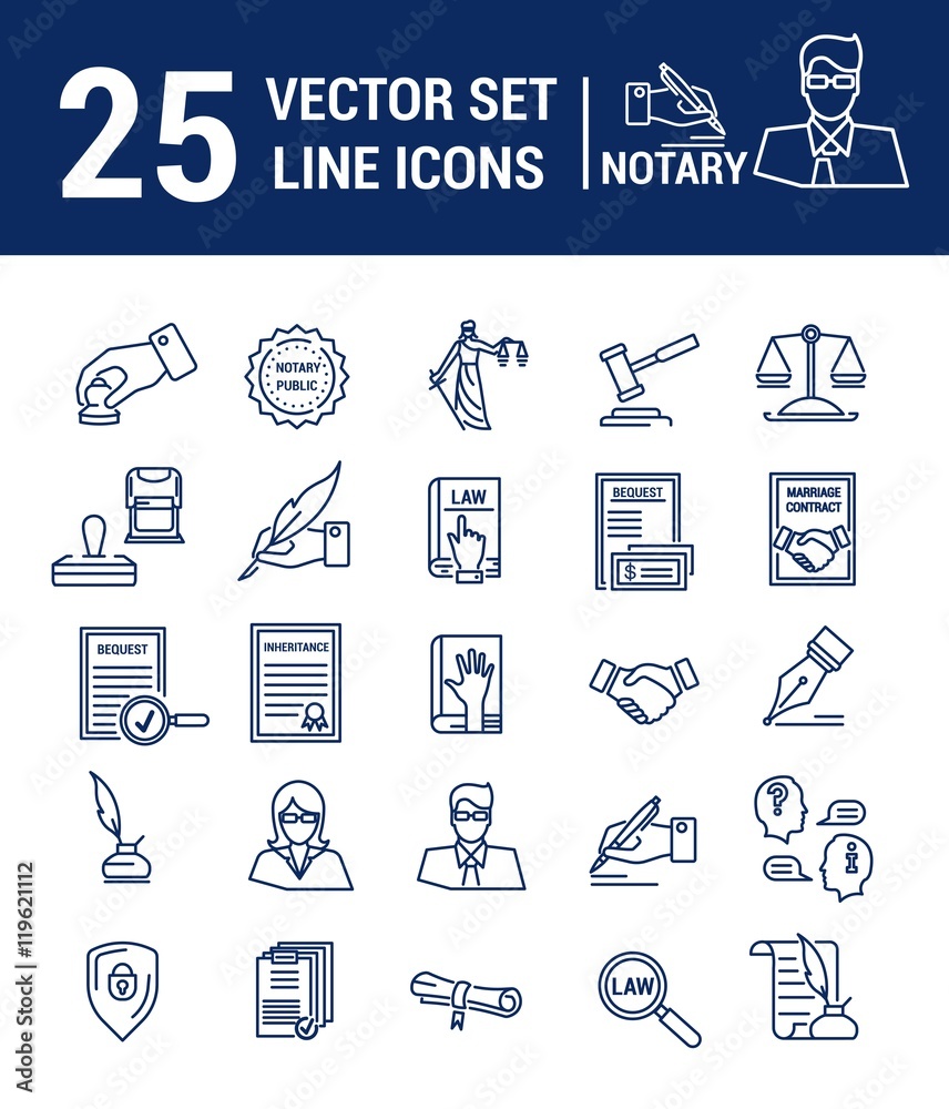 Vector set of icons in a linear design. Notary and notary office Stock ...