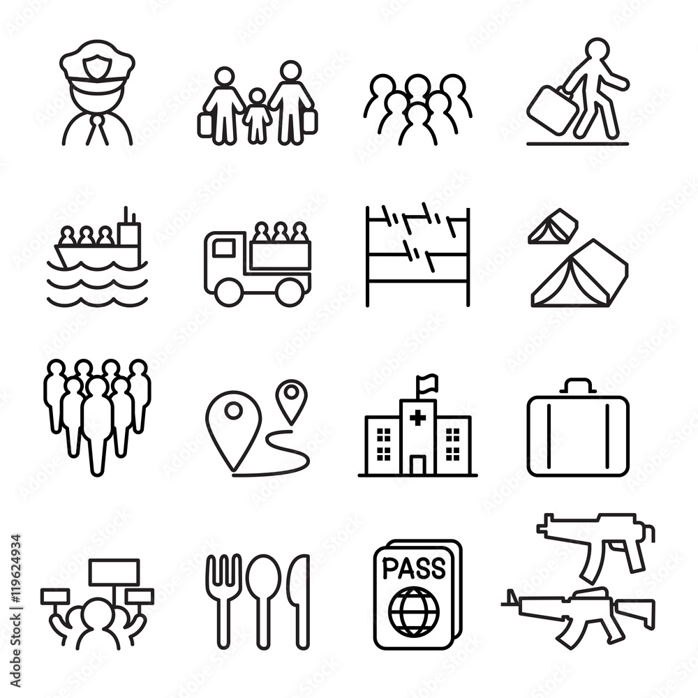 Refugee & immigrant icons set in thin line style Stock Vector | Adobe Stock