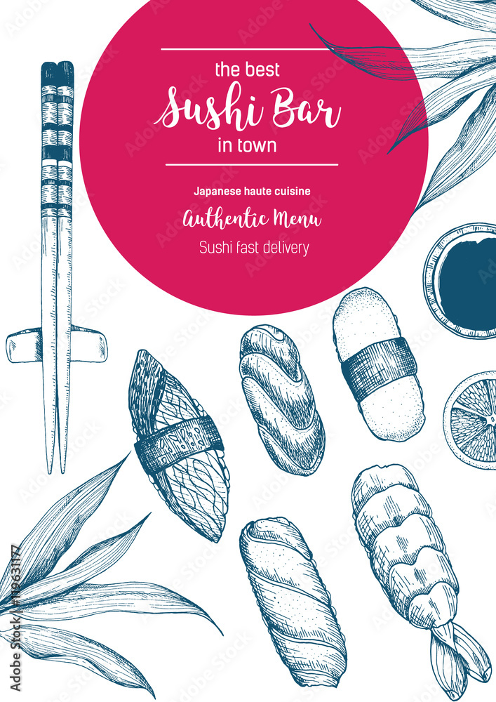 Vector vintage sushi restaurant menu illustration. Hand drawn banner ...