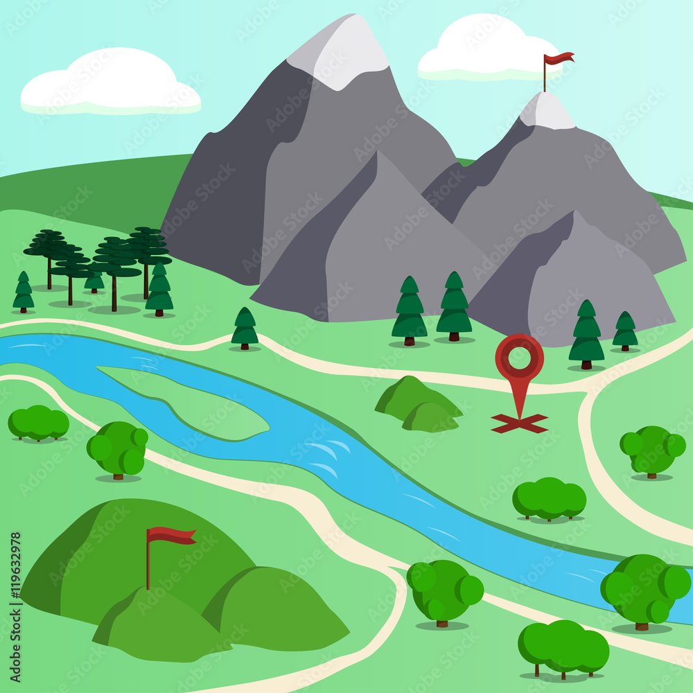 Vector illustration of 3d cartoon paper map with point marker. Stock ...