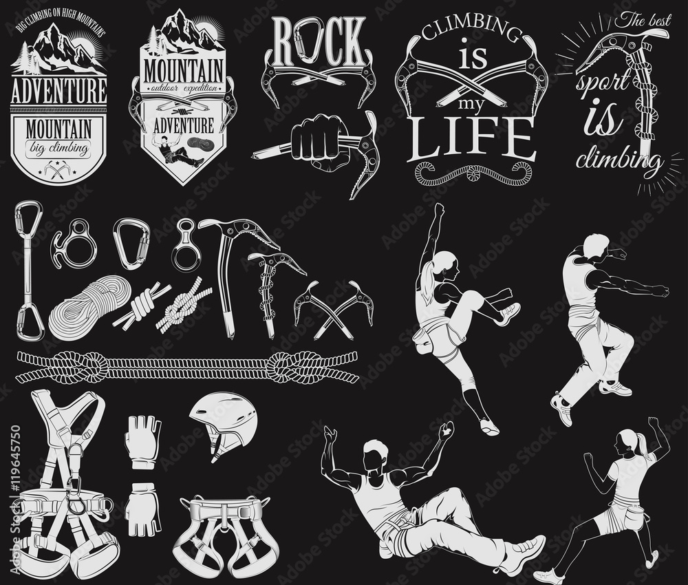 The set of symbols and logos for climbing and mountaineering. Co Stock ...