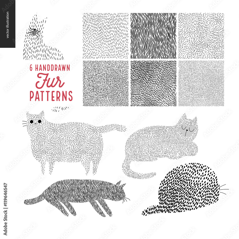 Handdrawn patterns with cats. Fur patterns with an usage example. Cats ...