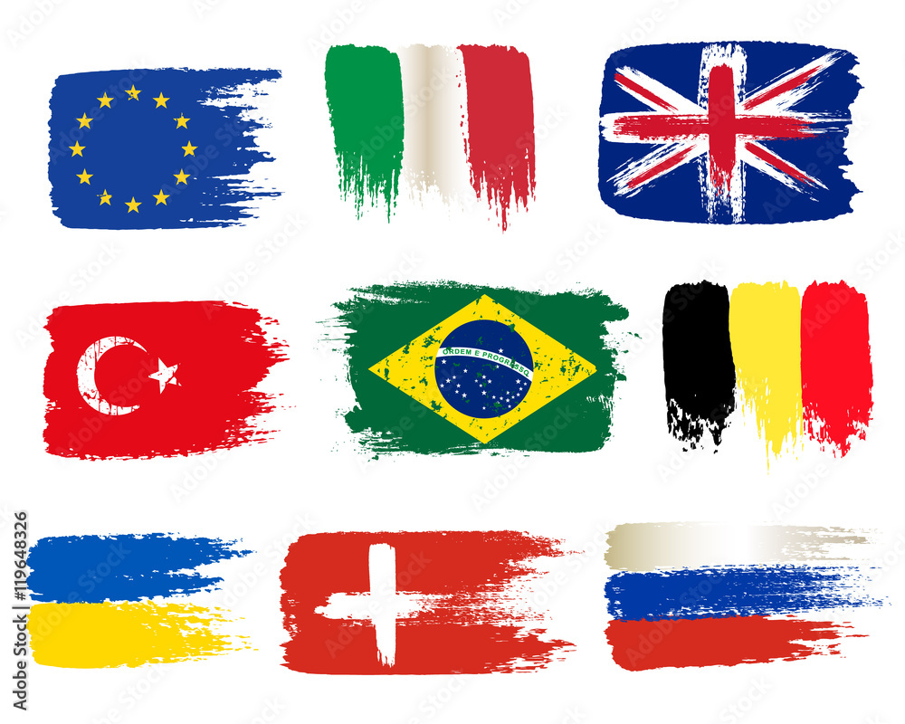 Collection of popular world flags, brush strokes painted flags ...