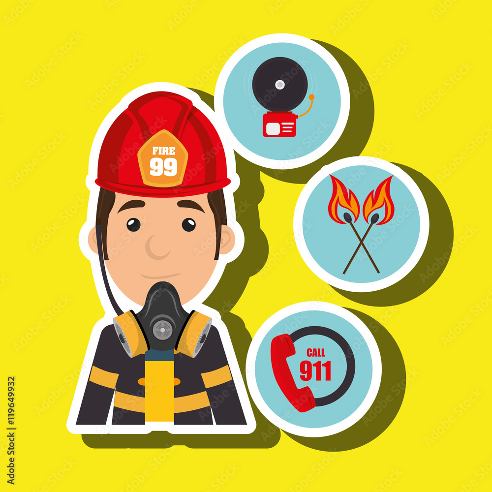 man firefighter call 911 alarm vector illustration graphic Stock Vector ...