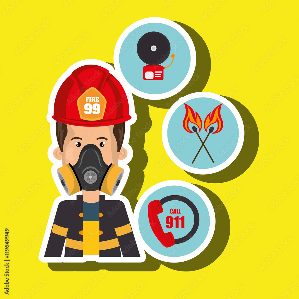 man firefighter call 911 alarm vector illustration graphic Stock Vector ...
