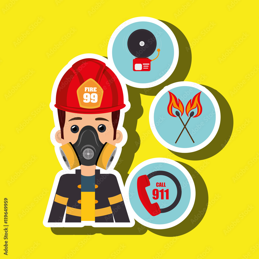 man firefighter call 911 alarm vector illustration graphic Stock Vector ...