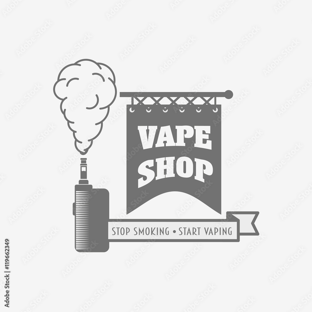 Vape shop badge, logo or symbol design concept. Vaping box mod and ...