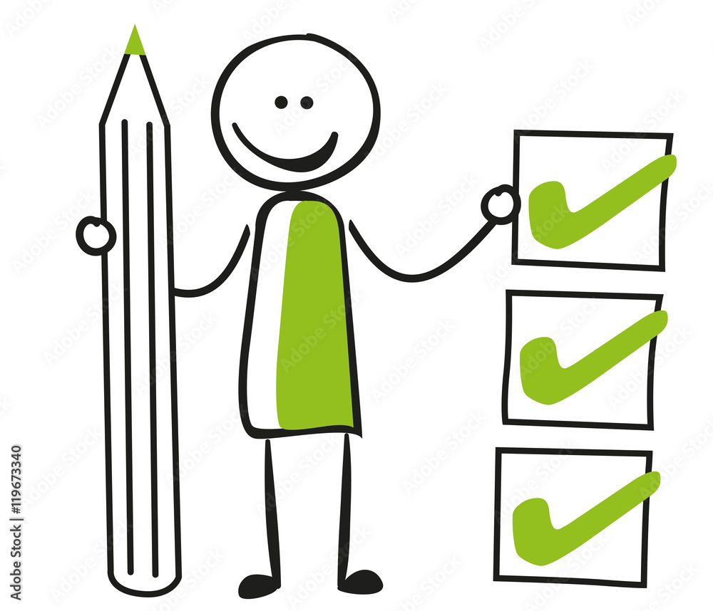 Strichmännchen mit Bleistift und Checkliste Illustration Stock | Adobe ...