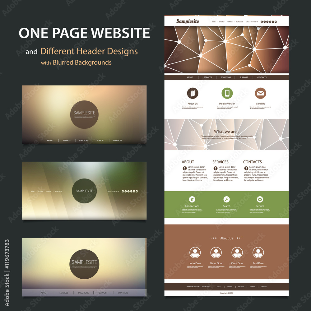 One Page Website Template and Different Header Designs with Blurred ...
