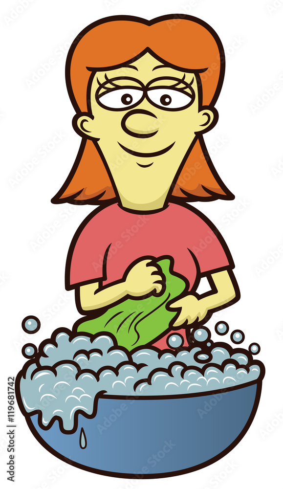 Woman Washing Clothes Cartoon Illustration Stock Vector | Adobe Stock