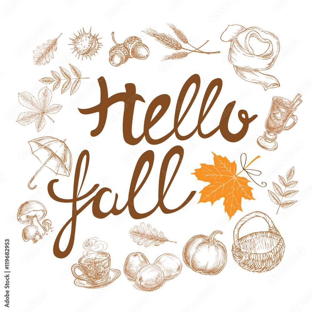 hello fall calligraphy lettering with autumn element Stock Vector ...