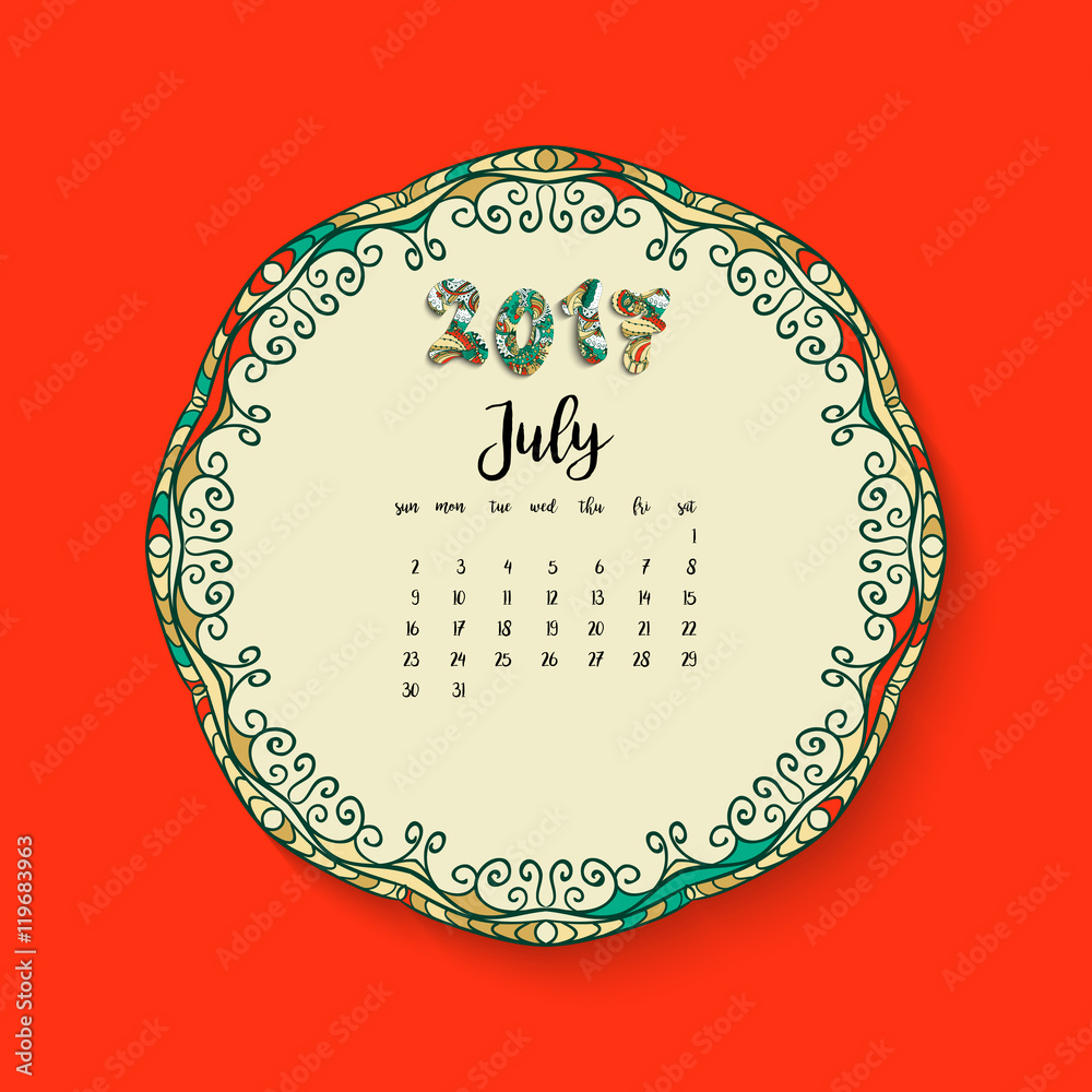 Calendar month of July 2017. Arabic, ethnic style. Stock Vector | Adobe ...