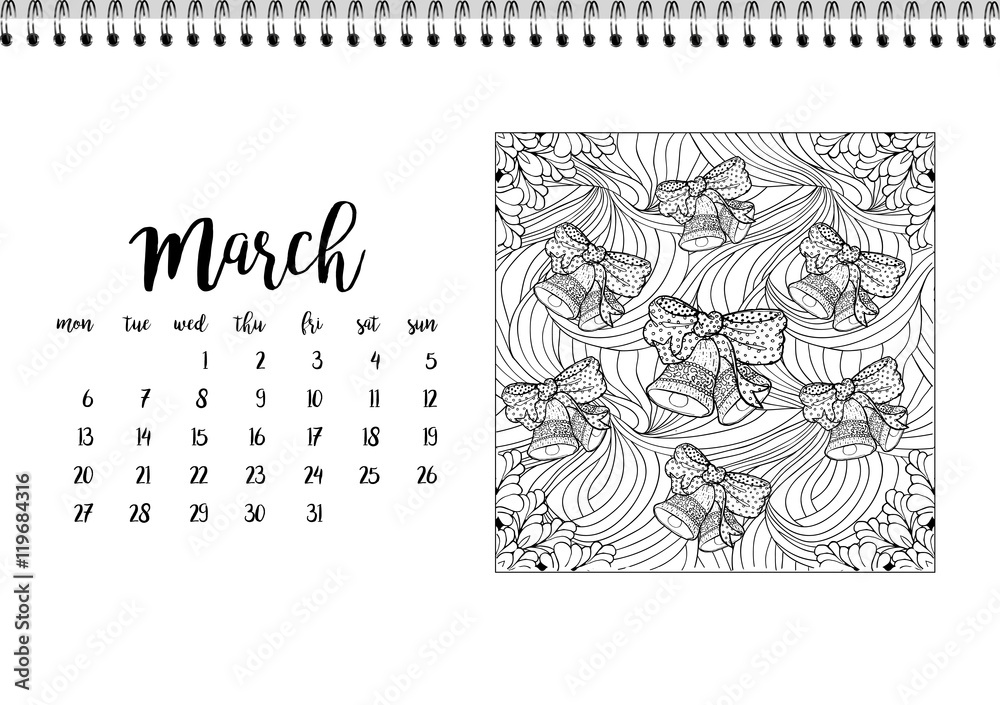 Desk calendar template for month March. Week starts Monday Stock Vector ...