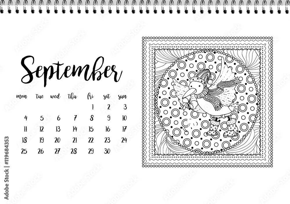 Desk calendar template for month September. Week starts Monday Stock ...