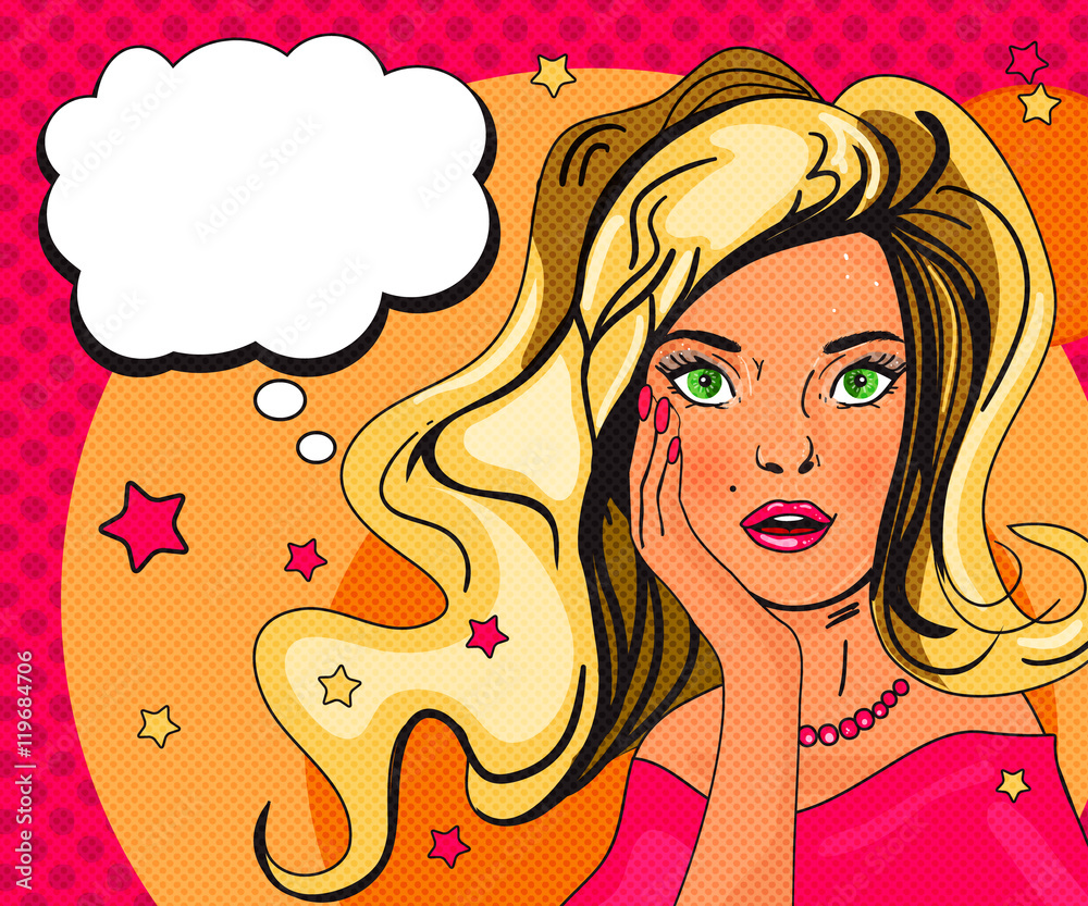 Pop art girl poster. Retro woman in comic style banner with speech ...