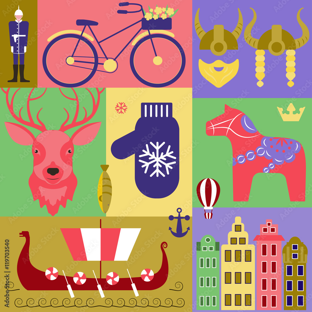 Vector set with elements and symbols of Sweden. Traditional Swedish ...
