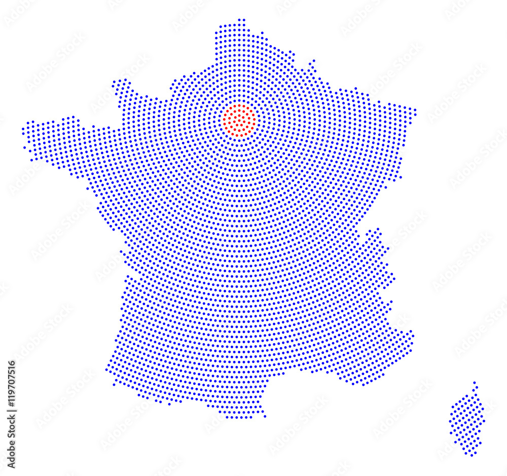 France map radial dot pattern. Blue dots going from the capital Paris ...