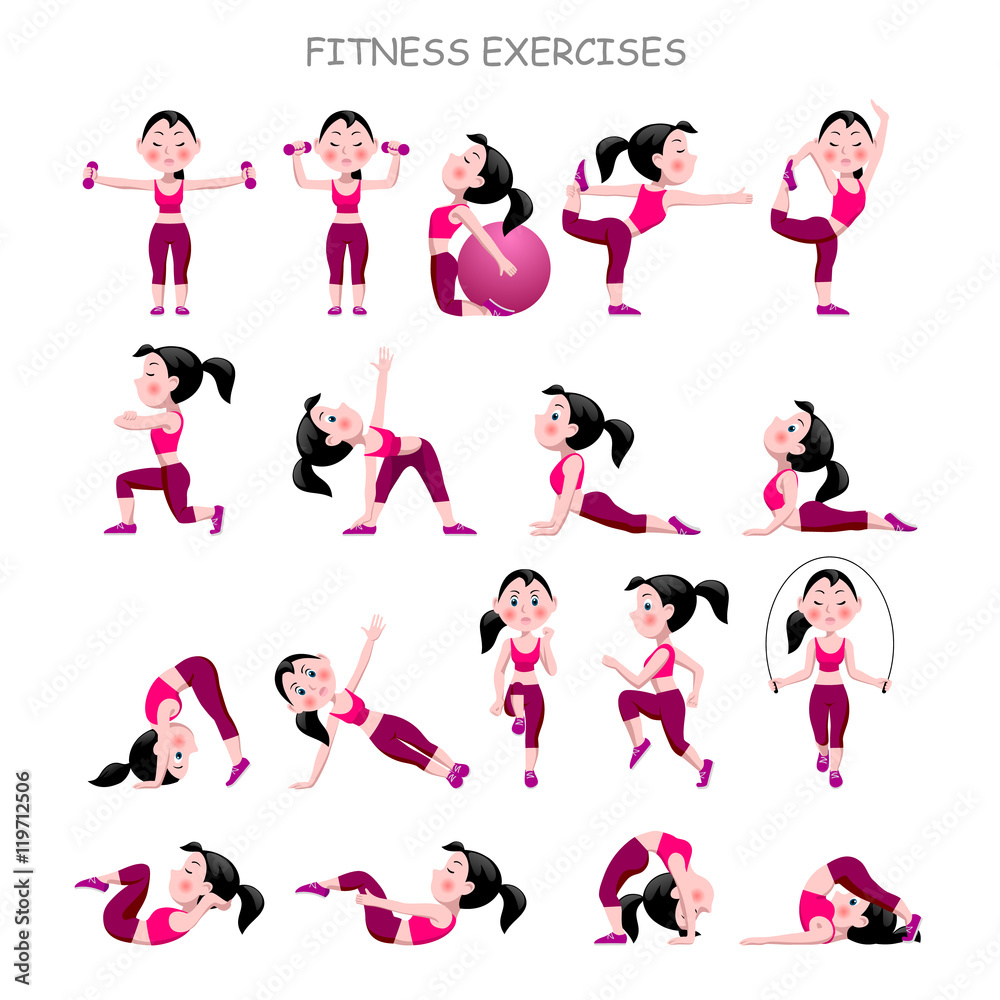 Cartoon girl in pink suit doing fitness exercises Stock Vector | Adobe ...