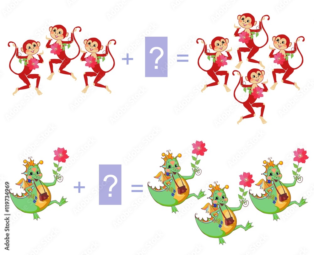Educational game for children. Examples with cute colorful monkeys and ...