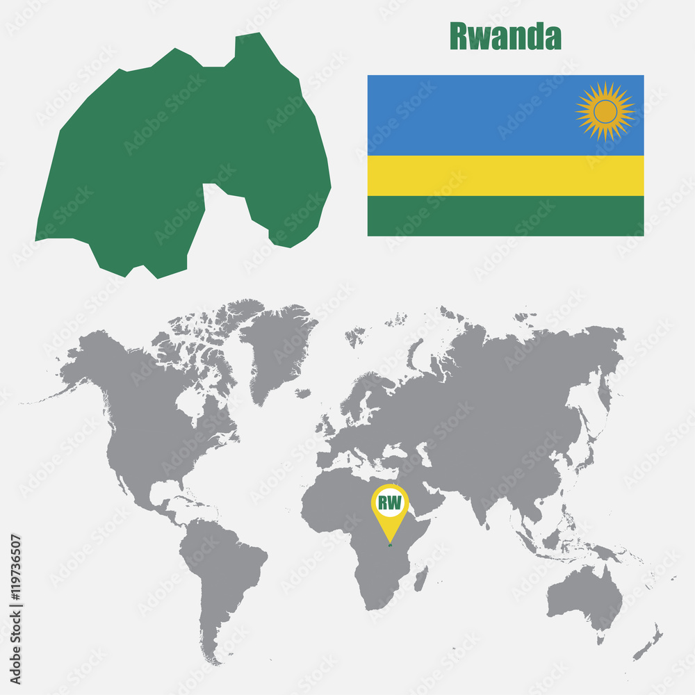Rwanda map on a world map with flag and map pointer. Vector ...
