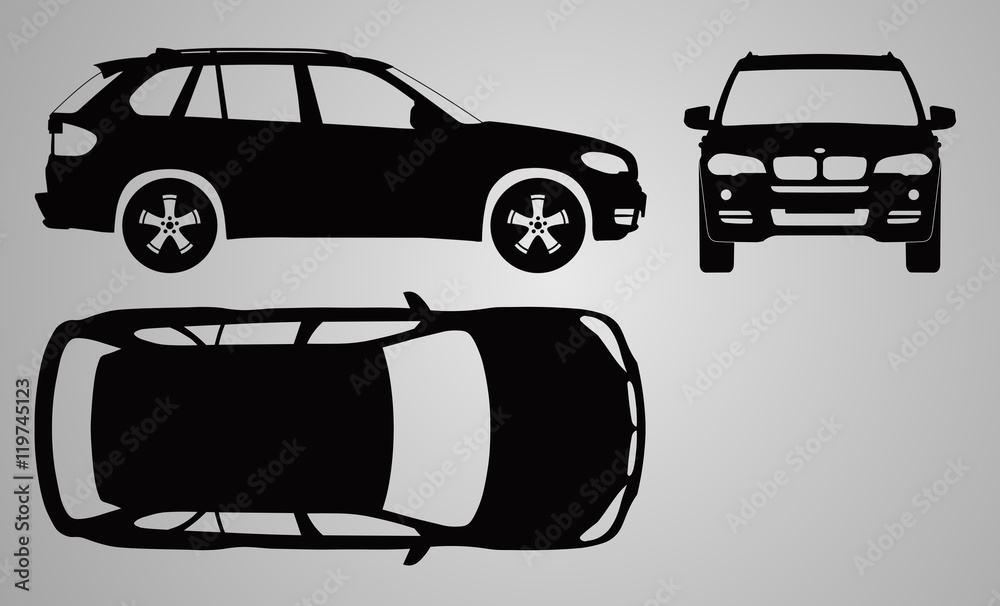 Front, top and side car projection. Flat illustration for designing ...