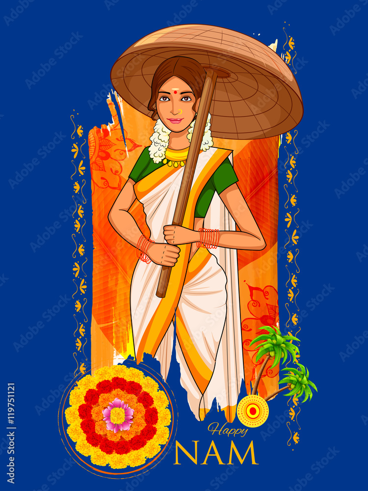 South Indian Keralite woman with umbrella celebrating Onam Stock Vector ...