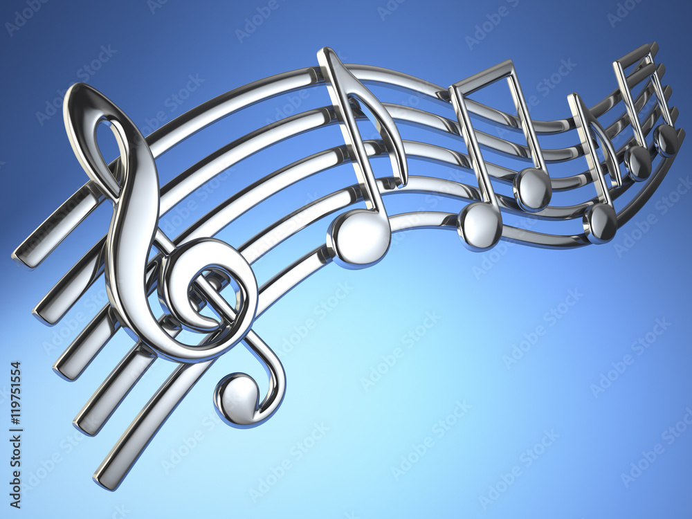Silver music notes and treble clef on musical strings on blue ba Stock ...