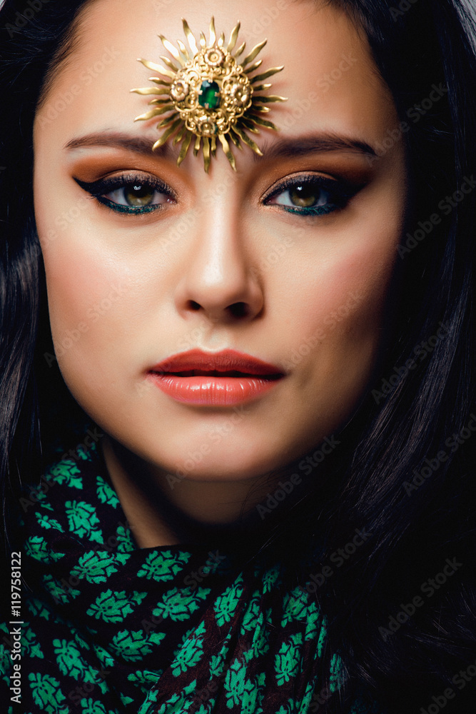 beauty eastern real muslim woman with jewelry close up, bride with star ...