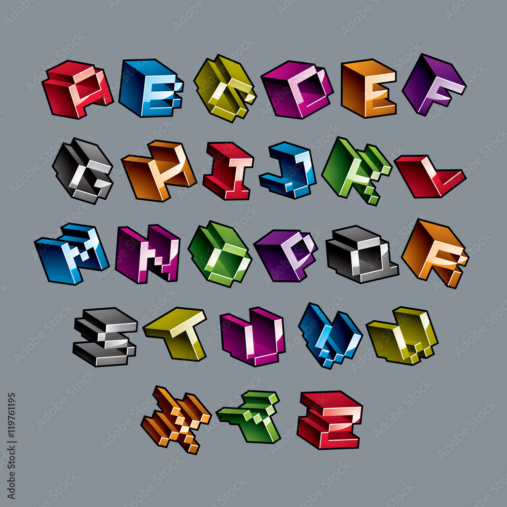 Cybernetic 3d alphabet letters, pixel art vector digital typescr Stock ...