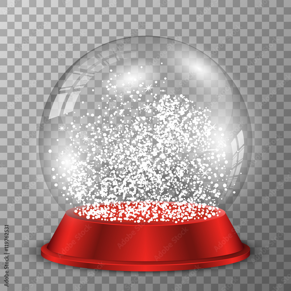 Snow globe on red stand. Vector crystal ball on transparent background ...