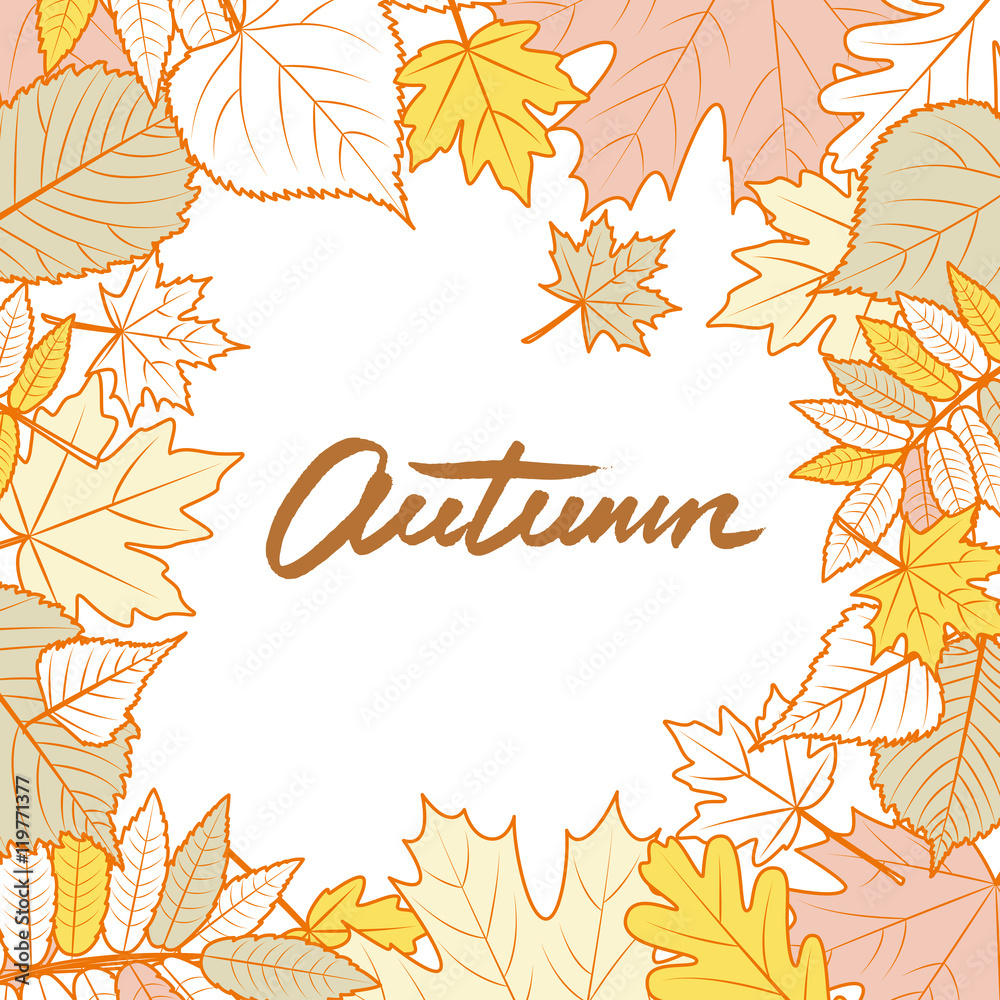Vector square frame with hand drawn autumn leaves. Yellow fall ...