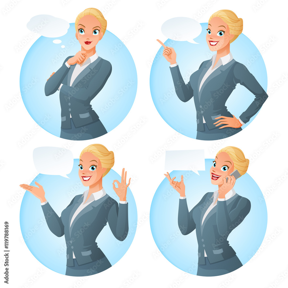 Vector set of cartoon business formal dressed woman in different poses ...