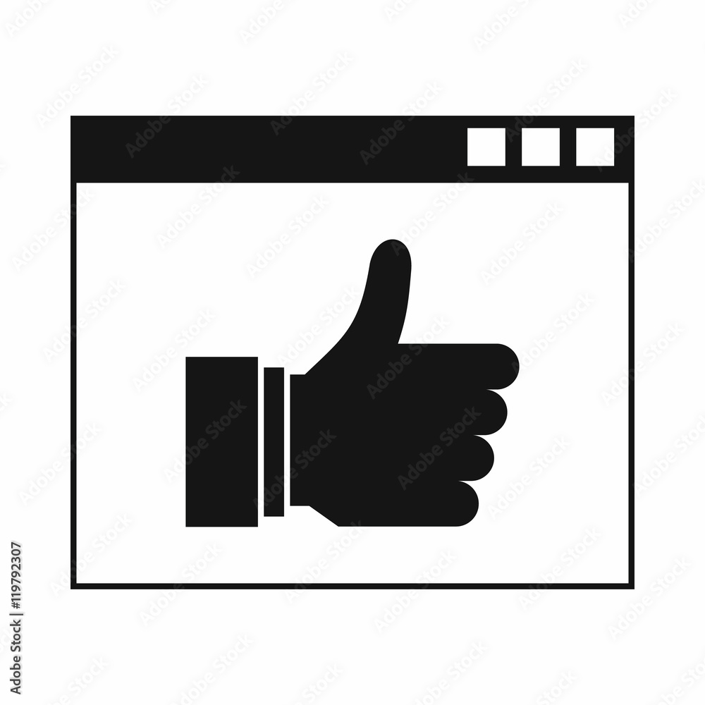 Hand with thumb up in browser icon in simple style isolated on white ...