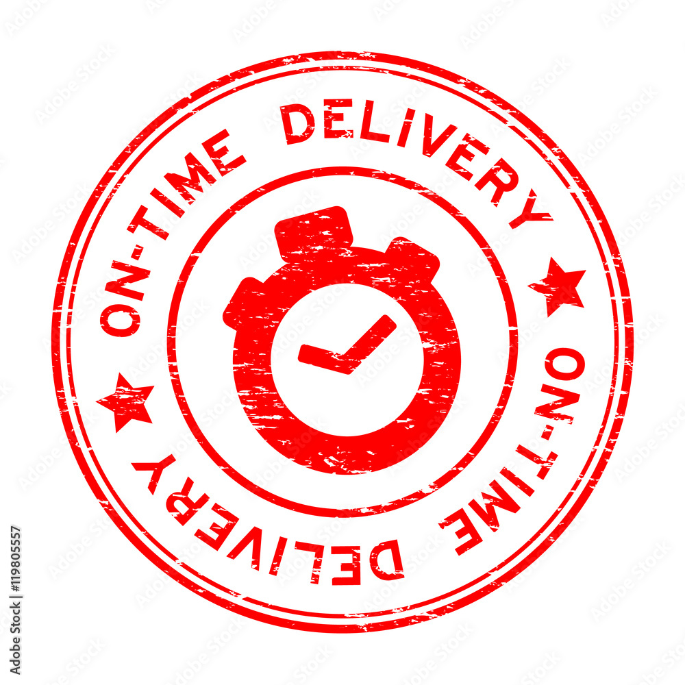 Grunge red on-time delivery with clock icon rubber stamp Stock Vector ...