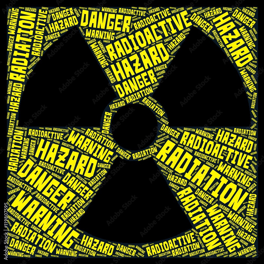 Radiation symbol word cloud. Yellow words on negative black background ...