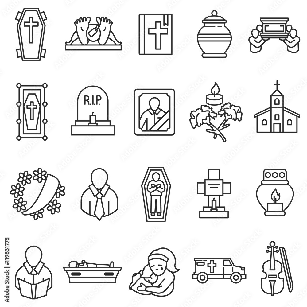 funeral icons set. funeral ceremony and paraphernalia collection. Thin ...