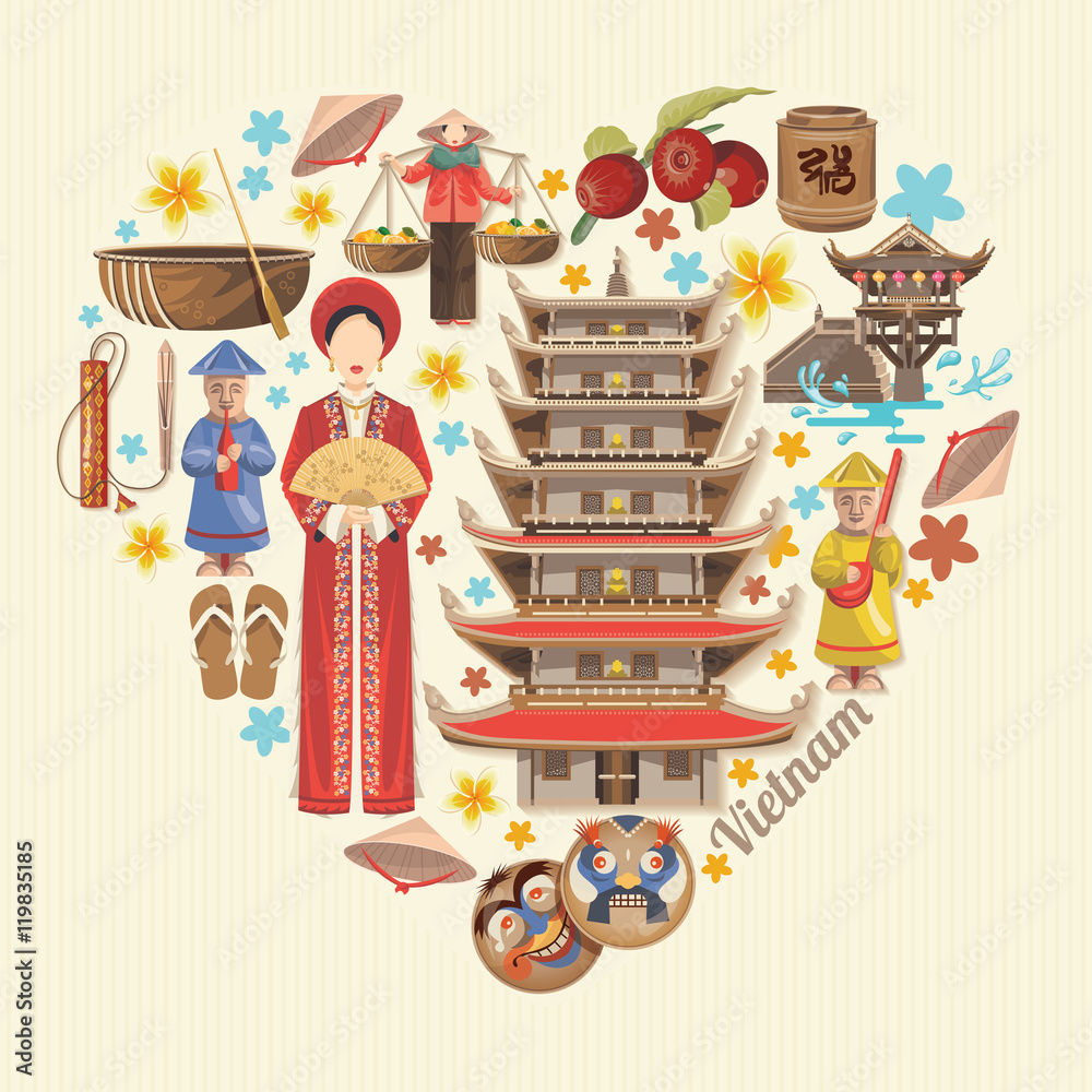 Travel to Vietnam. Set of traditional Vietnamese cultural symbols ...
