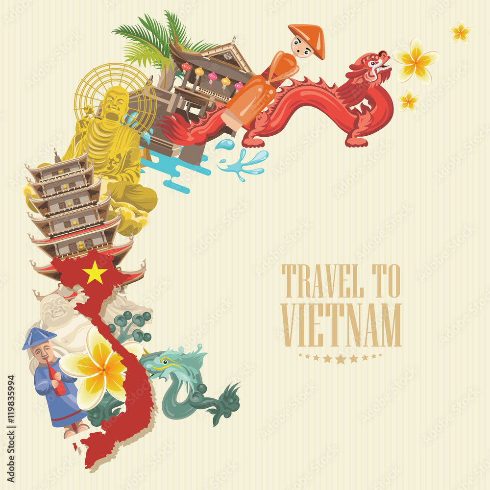Travel to Vietnam. Set of traditional Vietnamese cultural symbols ...
