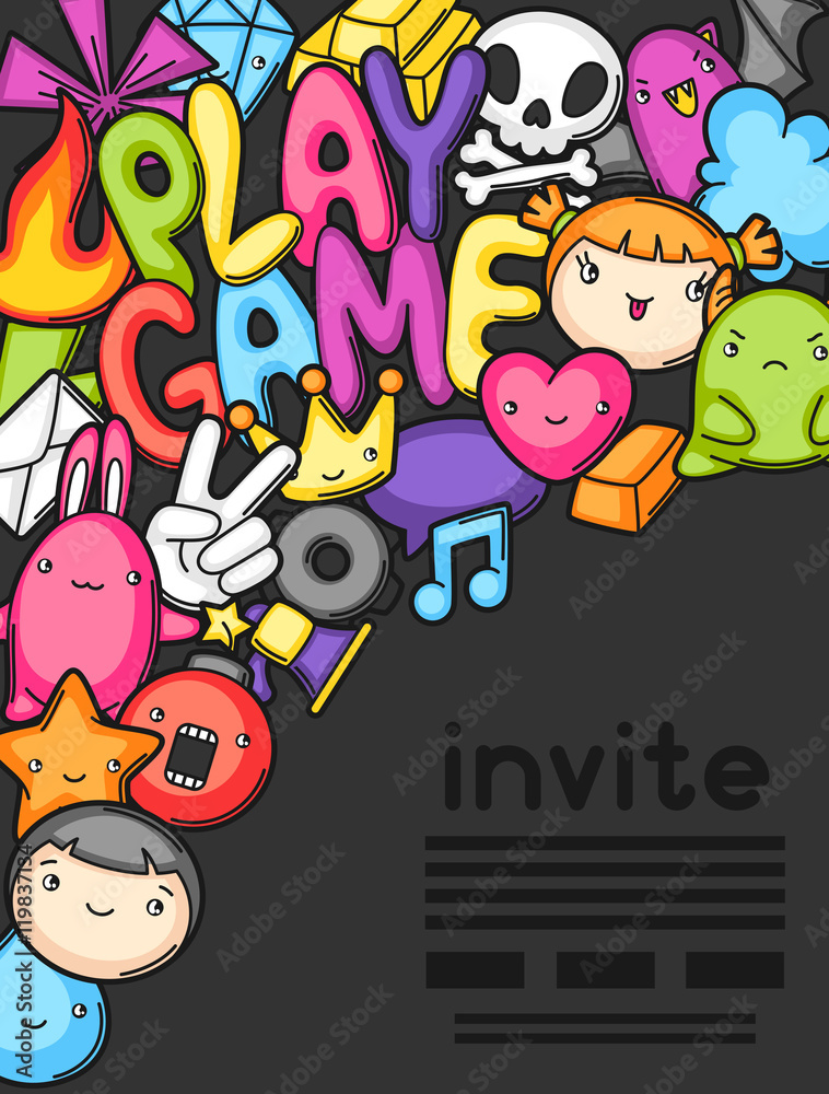 Game kawaii invite. Cute gaming design elements, objects and symbols ...