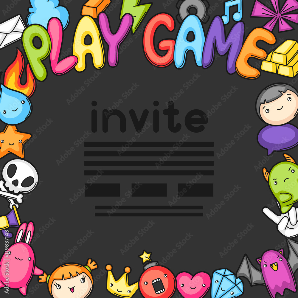 Game kawaii invite. Cute gaming design elements, objects and symbols ...