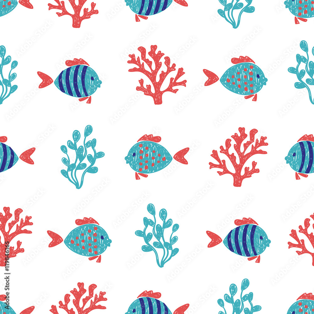 Marine seamless pattern with doodle fishes in blue and red colors. Sea ...