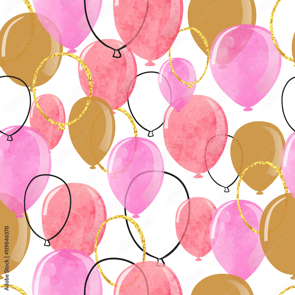 Watercolor pink and glittering gold balloons seamless pattern. Vector celebration background ...