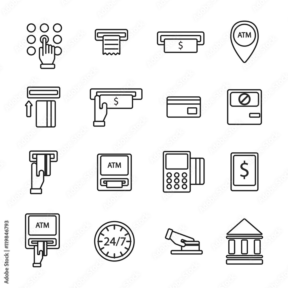 Finance atm and business vector payment card icon set. ATM icons ...