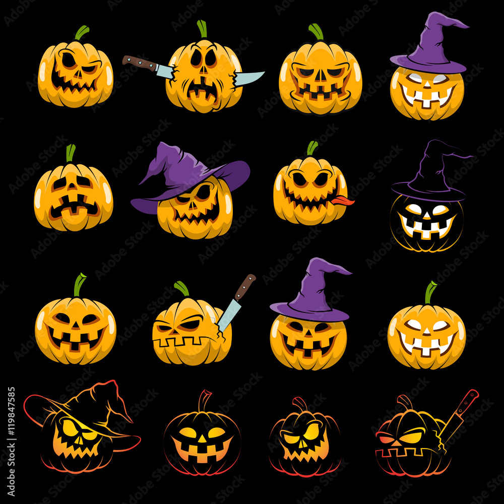 Colored cartoon pumpkin for Halloween with various emotions on a black ...