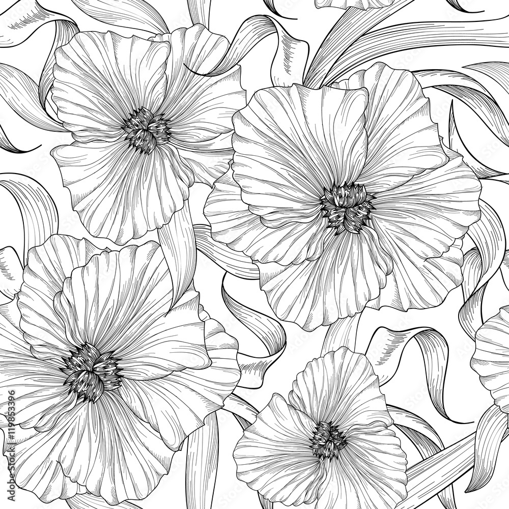Floral seamless etching pattern. Flower background. Engraving seamless ...